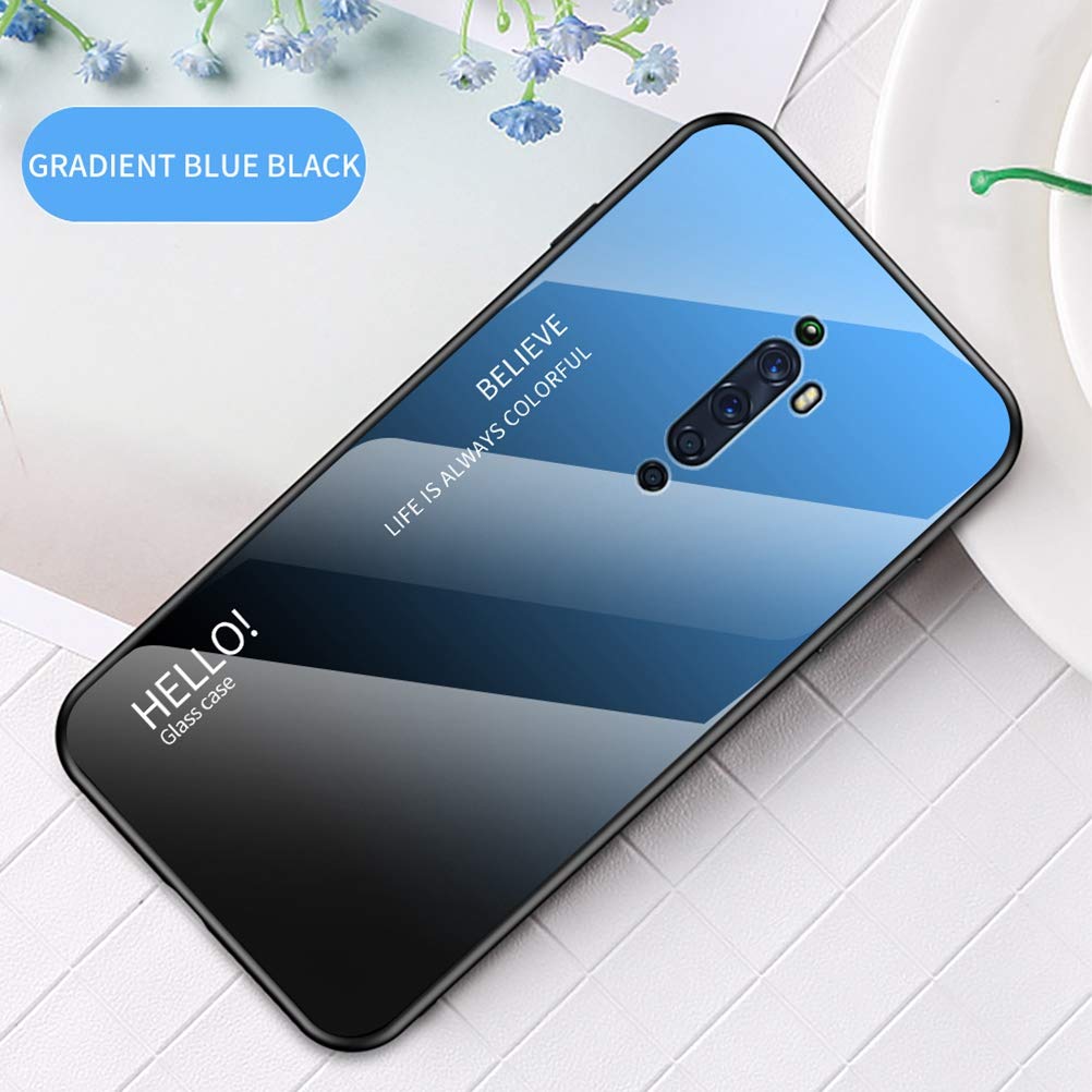 LUSHENG Case for Oppo Reno 2 Z/F, Gradient Color Tempered Glass Back Shell Soft TPU Edge Cover Phone Case, for Oppo Reno 2 Z/F (6.5") - Blue+Black