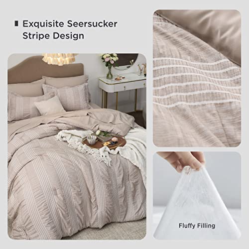 Bedsure Twin Bed in A Bag - Twin Comforter Sets 6 Piece Stripes Seersucker Bedding Set, Soft Lightweight Down Alternative Comforter Twin Bed Set(Khaki 68x88 inch)