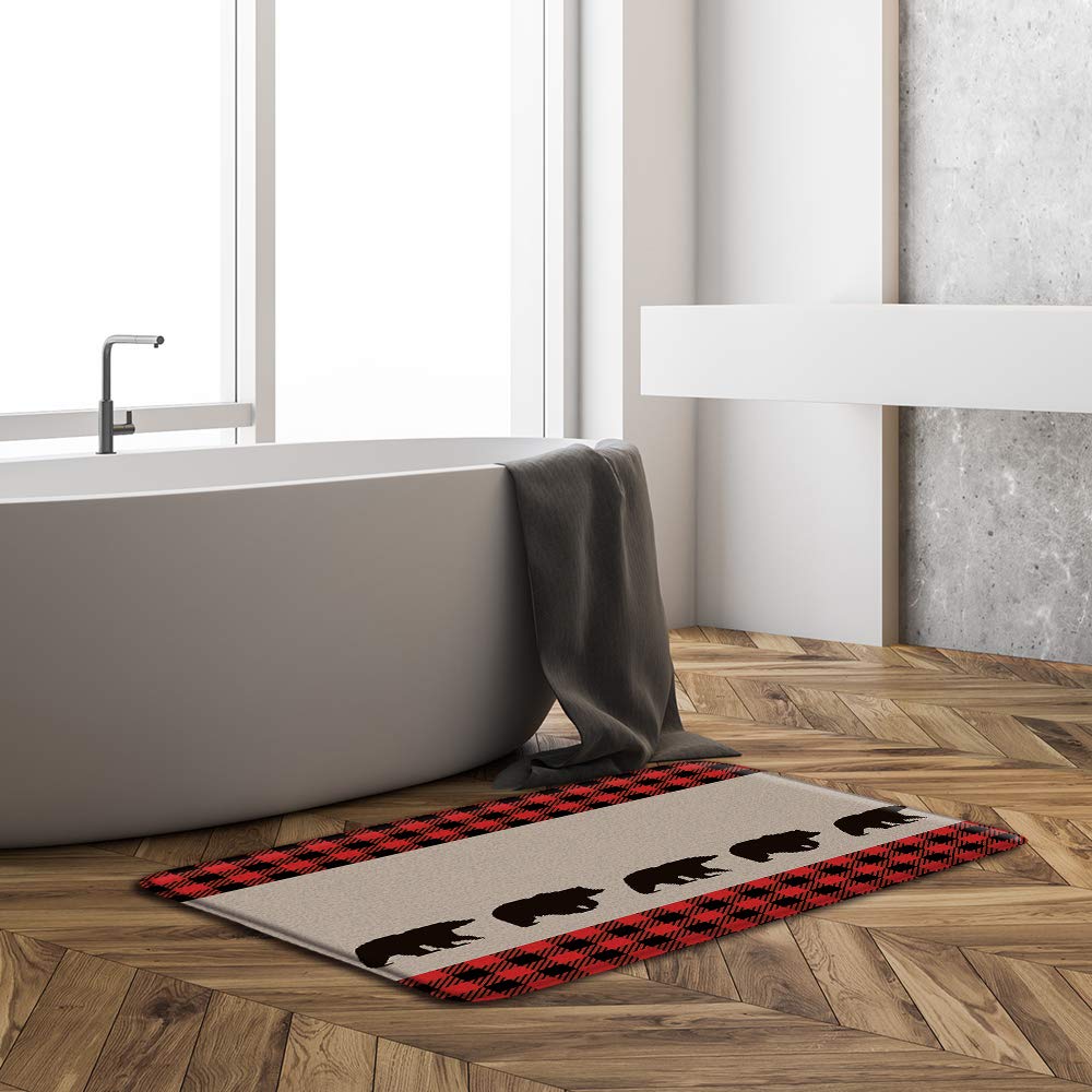 LIVEFUN Black Bear Plaid Bath Mat Camping Cabin Wildlife Bear Silhouettes Red Black Buffalo Check Vintage Farm Rustic Microfiber Memory Foam Bathroom Rugs,16X24Inch