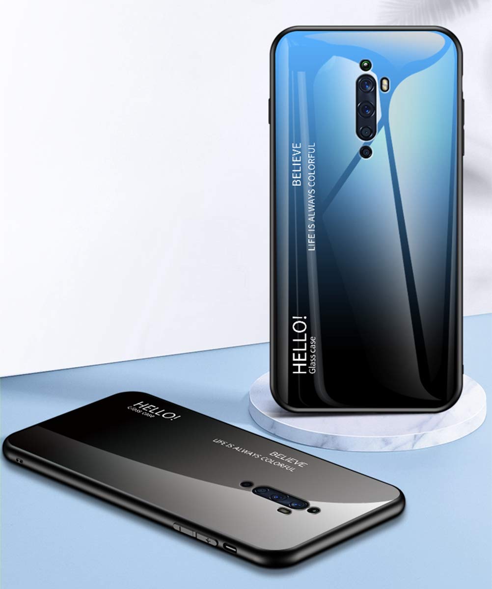 LUSHENG Case for Oppo Reno 2 Z/F, Gradient Color Tempered Glass Back Shell Soft TPU Edge Cover Phone Case, for Oppo Reno 2 Z/F (6.5") - Blue+Black