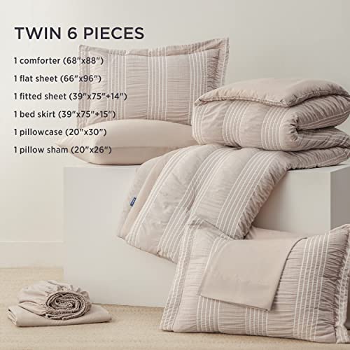 Bedsure Twin Bed in A Bag - Twin Comforter Sets 6 Piece Stripes Seersucker Bedding Set, Soft Lightweight Down Alternative Comforter Twin Bed Set(Khaki 68x88 inch)