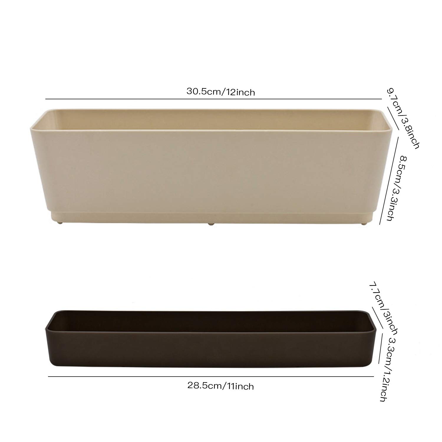 Lainrrew 3 Pack Window Box Planters, 12 Inches Rectangular Planter Plastic Flower Box Plant Pots Plant Containers with Tray for Balcony, Windowsill, Garden, Home Office Outdoor Decoration (Coffee)
