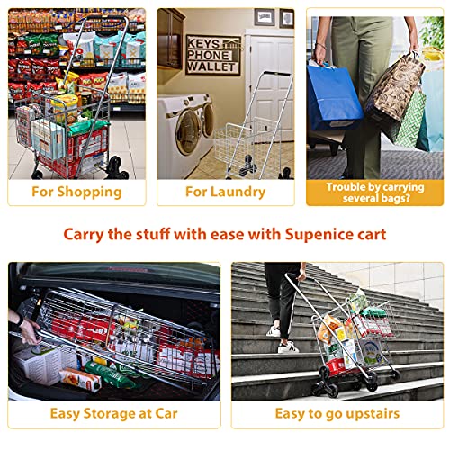 Supenice Grocery Shopping Cart with Wheels Deluxe Stair Climber Utility Cart Easily Collapsible Cart with Tri-Wheels, 66 LBS Capacity, Extended Foam Cover, Trolley for Shopping, Stair, Laundry