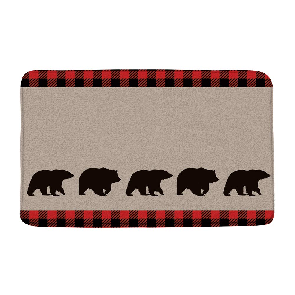 LIVEFUN Black Bear Plaid Bath Mat Camping Cabin Wildlife Bear Silhouettes Red Black Buffalo Check Vintage Farm Rustic Microfiber Memory Foam Bathroom Rugs,16X24Inch