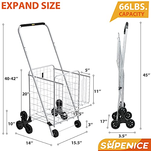 Supenice Grocery Shopping Cart with Wheels Deluxe Stair Climber Utility Cart Easily Collapsible Cart with Tri-Wheels, 66 LBS Capacity, Extended Foam Cover, Trolley for Shopping, Stair, Laundry