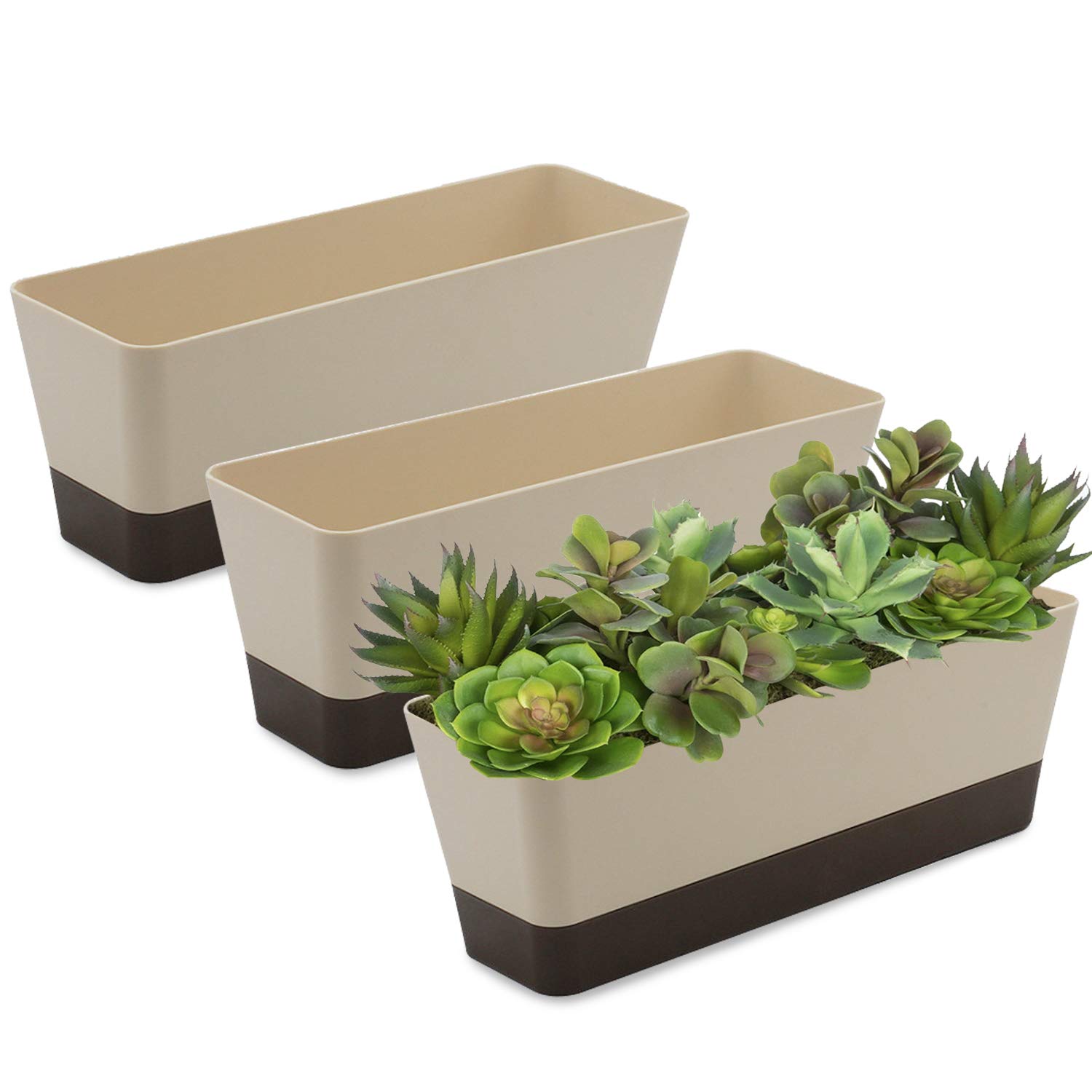 Lainrrew 3 Pack Window Box Planters, 12 Inches Rectangular Planter Plastic Flower Box Plant Pots Plant Containers with Tray for Balcony, Windowsill, Garden, Home Office Outdoor Decoration (Coffee)