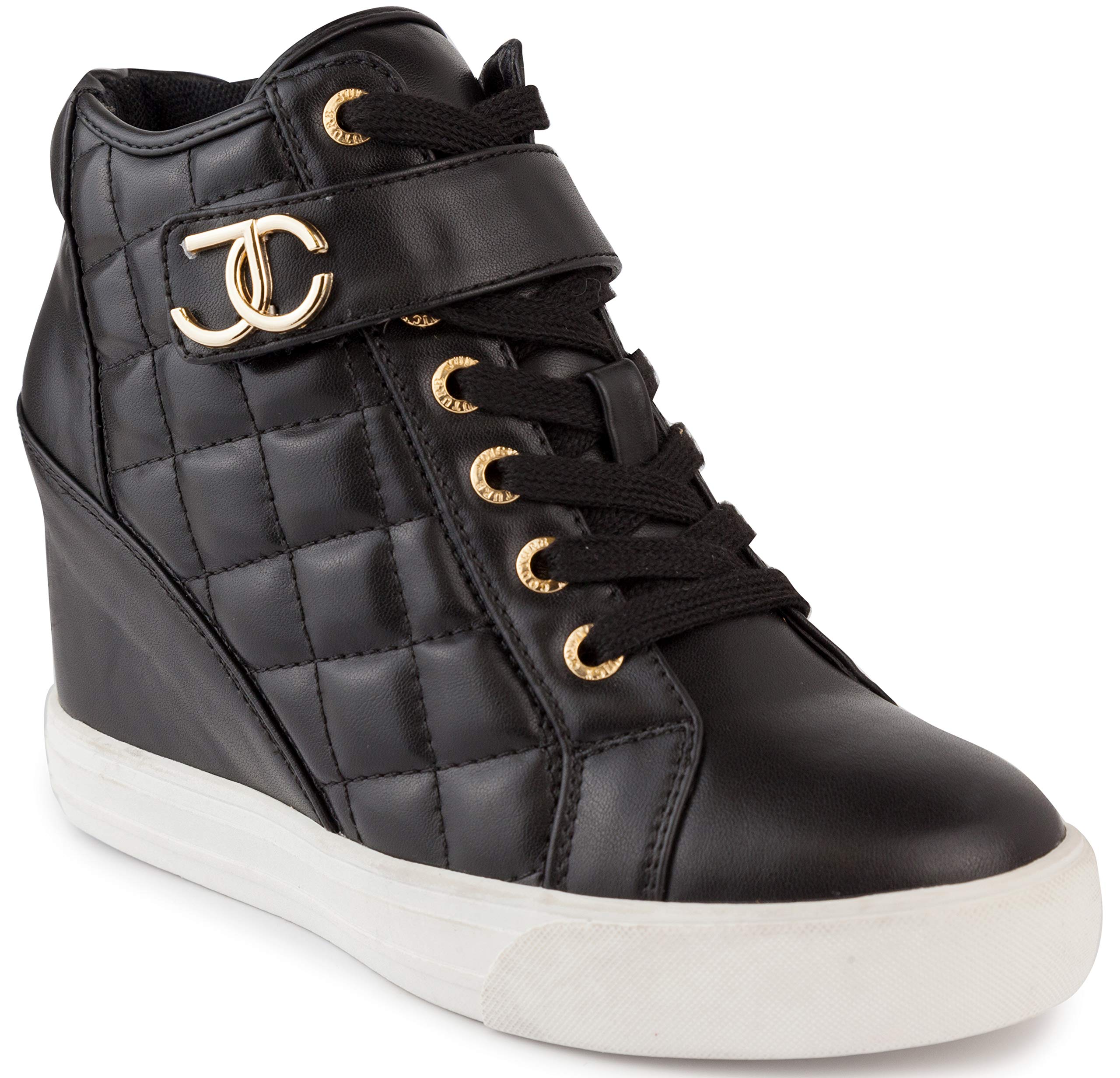 Juicy Couture Womens Wedge Sneakers High Top Womens Sneakers with Wedge, Wedgies Sneakers for Women-Journey 8.5 Black