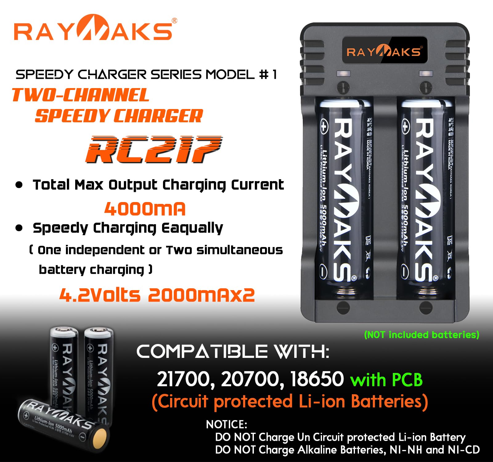 RAYNAKS Total MAX Output Current 4000mAh RC217 Quick Fast Speedy Charger 3.6V 3.7V 4.2V 21700 20700 18650 Circuit Protected Li-ion Rechargeable Batteries (not Included Batteries)