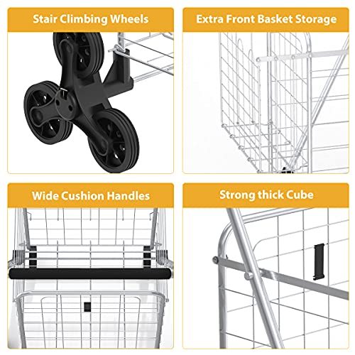 Supenice Grocery Shopping Cart with Wheels Deluxe Stair Climber Utility Cart Easily Collapsible Cart with Tri-Wheels, 66 LBS Capacity, Extended Foam Cover, Trolley for Shopping, Stair, Laundry