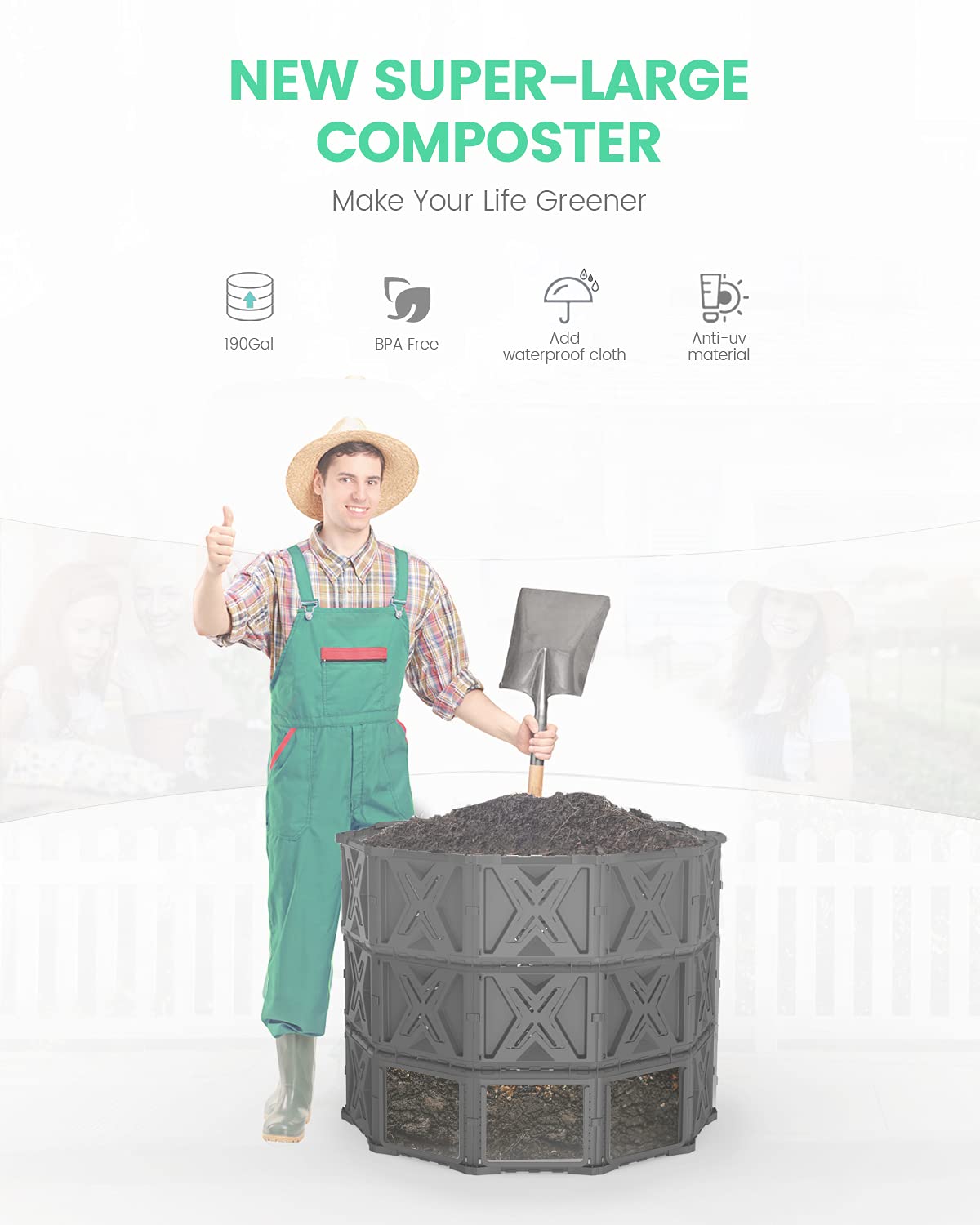 Large Compost Bin - 143 Gallon (540 L) Garden Composter with Better Aeration System, Easy Assembling/BPA Free/Sturdy/Outdoor Compost Tumbler