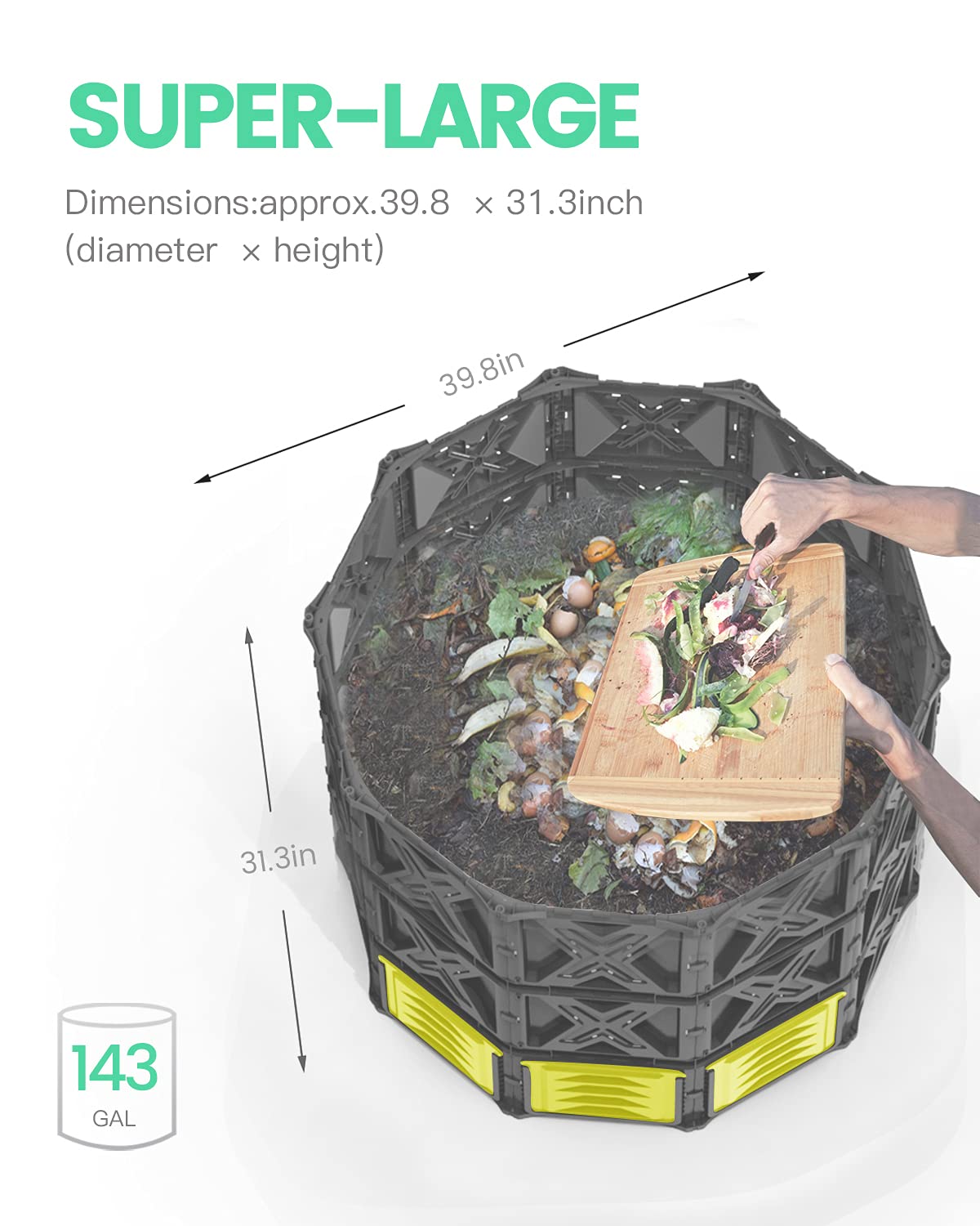 Large Compost Bin - 143 Gallon (540 L) Garden Composter with Better Aeration System, Easy Assembling/BPA Free/Sturdy/Outdoor Compost Tumbler