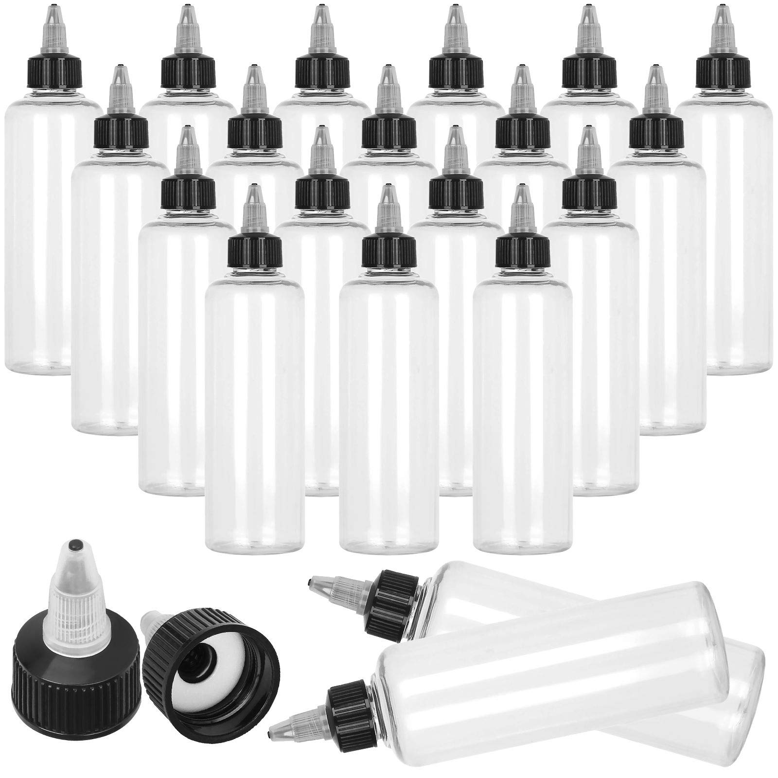 SENENQU 32PCS Round LDPE Plastic Squeeze Bottles Natural Boston Round Bottles Dispensing Bottles with Twist Top Cap for Crafts, Art, Glue and More(4oz, Clear)