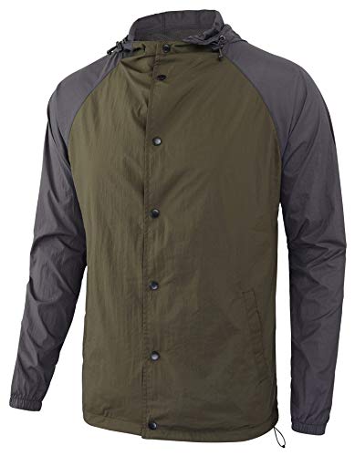 HARBETH Mens Lightweight Waterproof Active Hooded Nylon Jacket Workout Running Hiking Raincoat Army/Charcoal Gray XXL