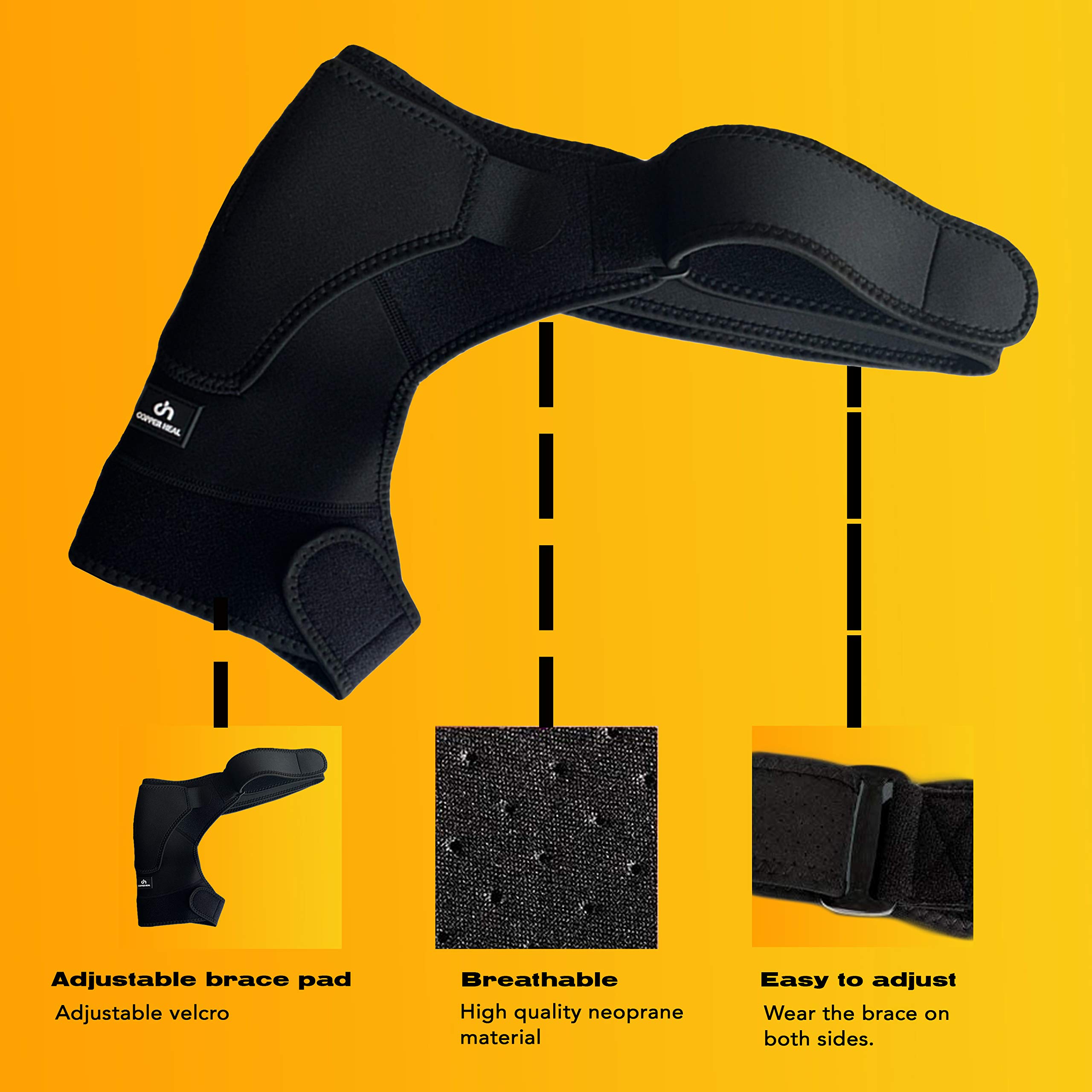 COPPER HEAL โ Shoulder Brace Adjustable Compression Copper Sleeve Torn Rotator Cuff Stability support Immobilizer wrap Tendonitis Dislocation Bursitis AC Joint Pain Relief Dislocated Strap