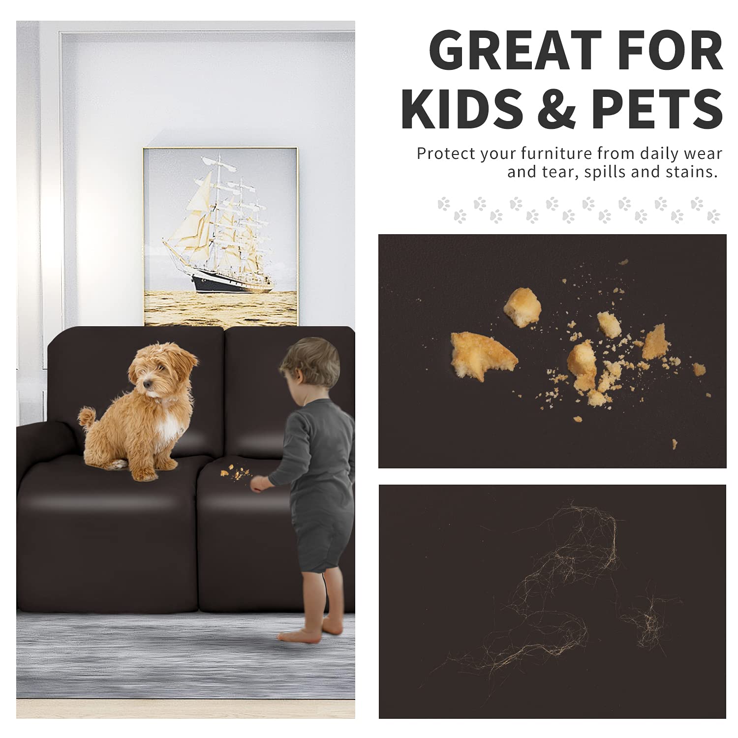 Easy-Going PU Leather Recliner Sofa Slipcovers, Waterproof Stretch Sofa Covers, 8 Pieces Stretch Furniture Protector, Elastic Strap Shield Pets Kids Children Cats Dogs Chocolate