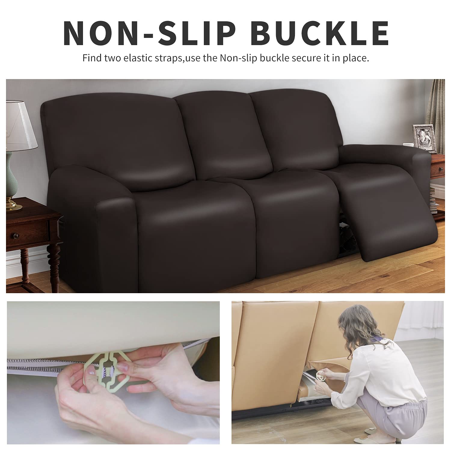 Easy-Going PU Leather Recliner Sofa Slipcovers, Waterproof Stretch Sofa Covers, 8 Pieces Stretch Furniture Protector, Elastic Strap Shield Pets Kids Children Cats Dogs Chocolate