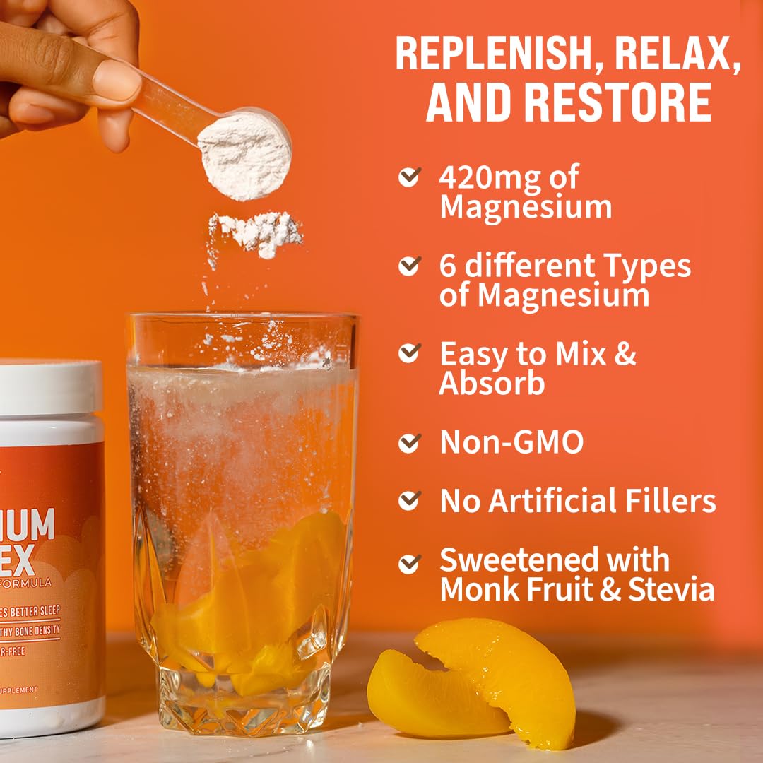 GoBiotix Magnesium Glycinate Powder - Magnesium Complex Supplement with Citrate, Malate, and Glutamine Chelate - Sugar Free, Non GMO - 420 mg per Serving - 60 Servings per Tub - Peach Tea