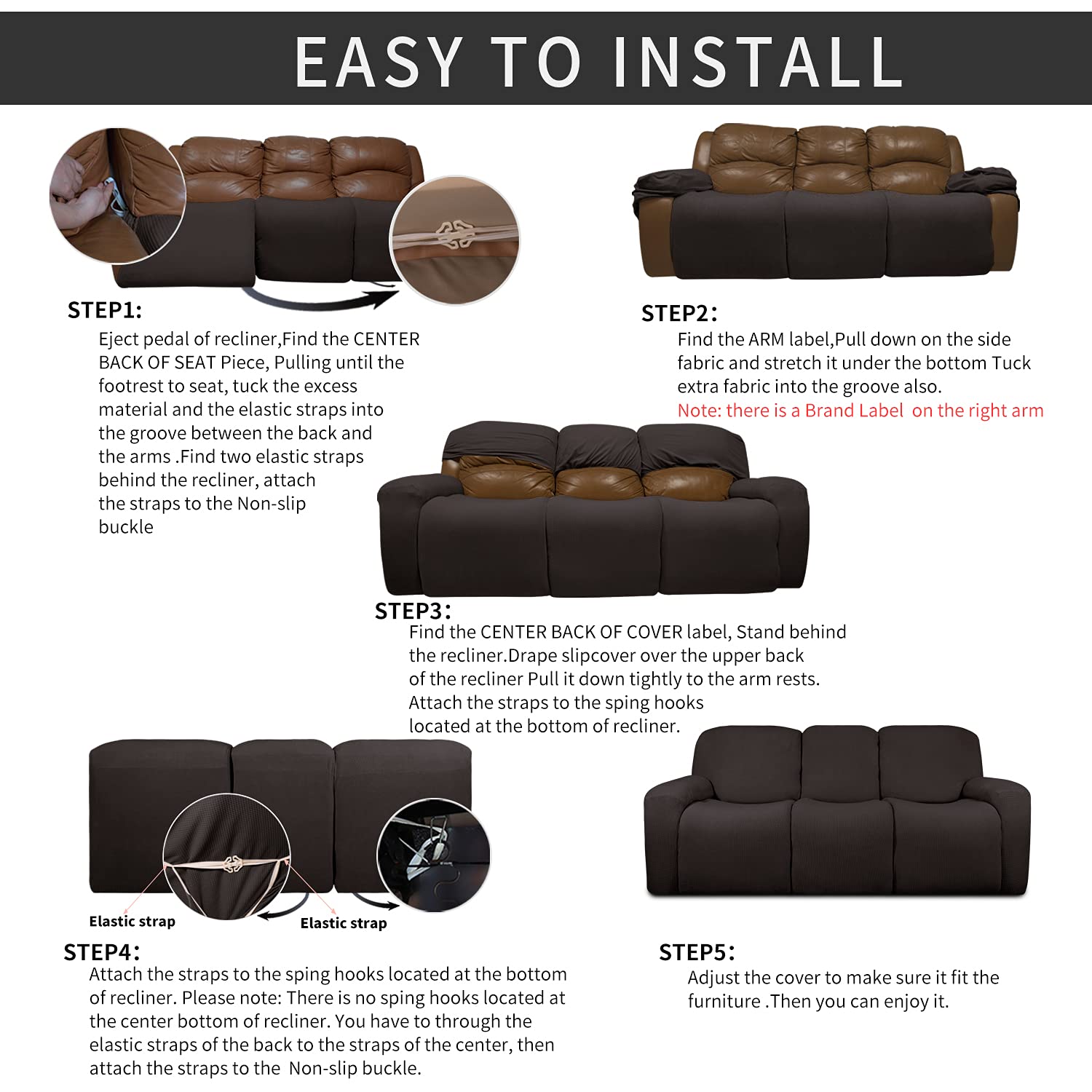 Easy-Going PU Leather Recliner Sofa Slipcovers, Waterproof Stretch Sofa Covers, 8 Pieces Stretch Furniture Protector, Elastic Strap Shield Pets Kids Children Cats Dogs Chocolate