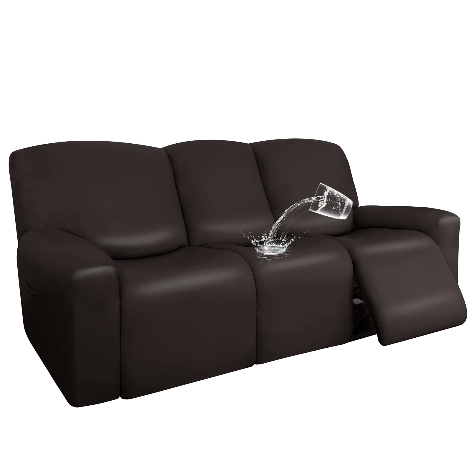 Easy-Going PU Leather Recliner Sofa Slipcovers, Waterproof Stretch Sofa Covers, 8 Pieces Stretch Furniture Protector, Elastic Strap Shield Pets Kids Children Cats Dogs Chocolate