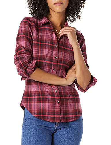 Goodthreads Women's Brushed Flannel Drop-Shoulder Long-Sleeve Shirt, Burgundy Pink Scottish Plaid, Small