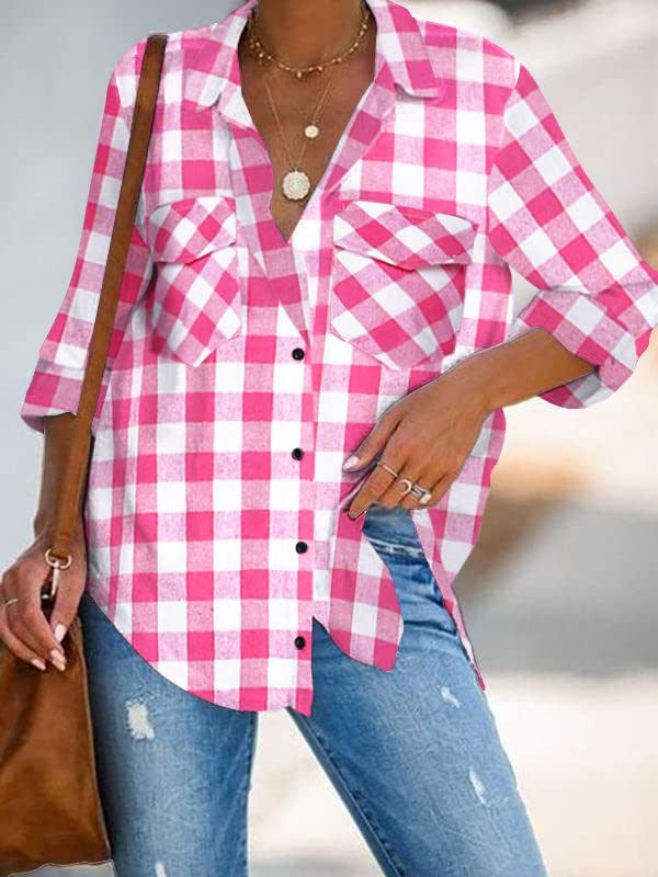 HOTOUCH Flannel Shirt for Women Long Sleeve Mid-Long Shirts with Pockets