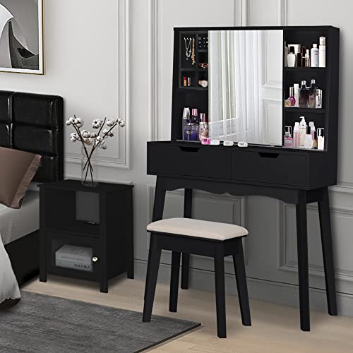 LYNSLIM Vanity Desk, Makeup Vanity with Mirror & LED Lights,Makeup Vanity Table with 2 Drawers & 4 Storage,Small Vanity Set Storage Stool for Dressing Bedroom (Black, Big)