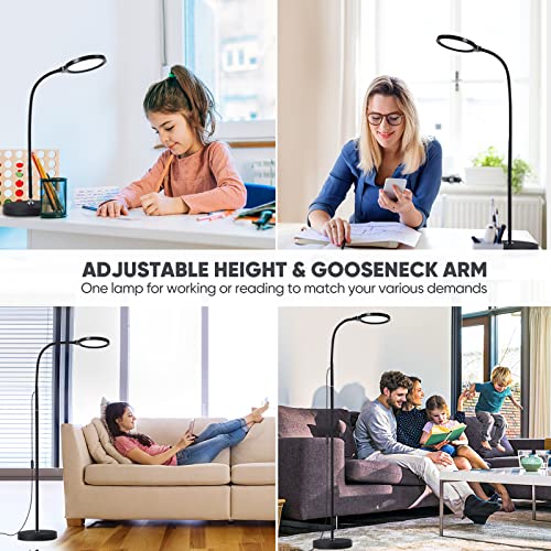 LED Floor Lamp, 12W Dimmable Standing Pole Reading Lamp 10 Brightness Levels&3 Color Temperature, Bright Gooseneck Adjustable Black Floor Lights, 800LM LED Task Lighting for Living Room Bedroom Office