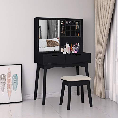 LYNSLIM Vanity Desk, Makeup Vanity with Mirror & LED Lights,Makeup Vanity Table with 2 Drawers & 4 Storage,Small Vanity Set Storage Stool for Dressing Bedroom (Black, Big)