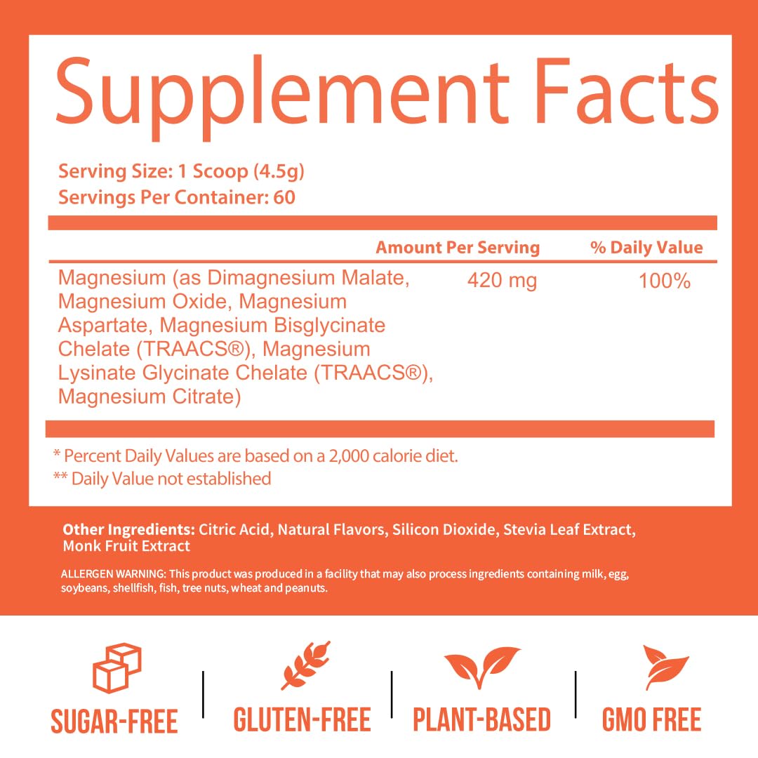 GoBiotix Magnesium Glycinate Powder - Magnesium Complex Supplement with Citrate, Malate, and Glutamine Chelate - Sugar Free, Non GMO - 420 mg per Serving - 60 Servings per Tub - Peach Tea