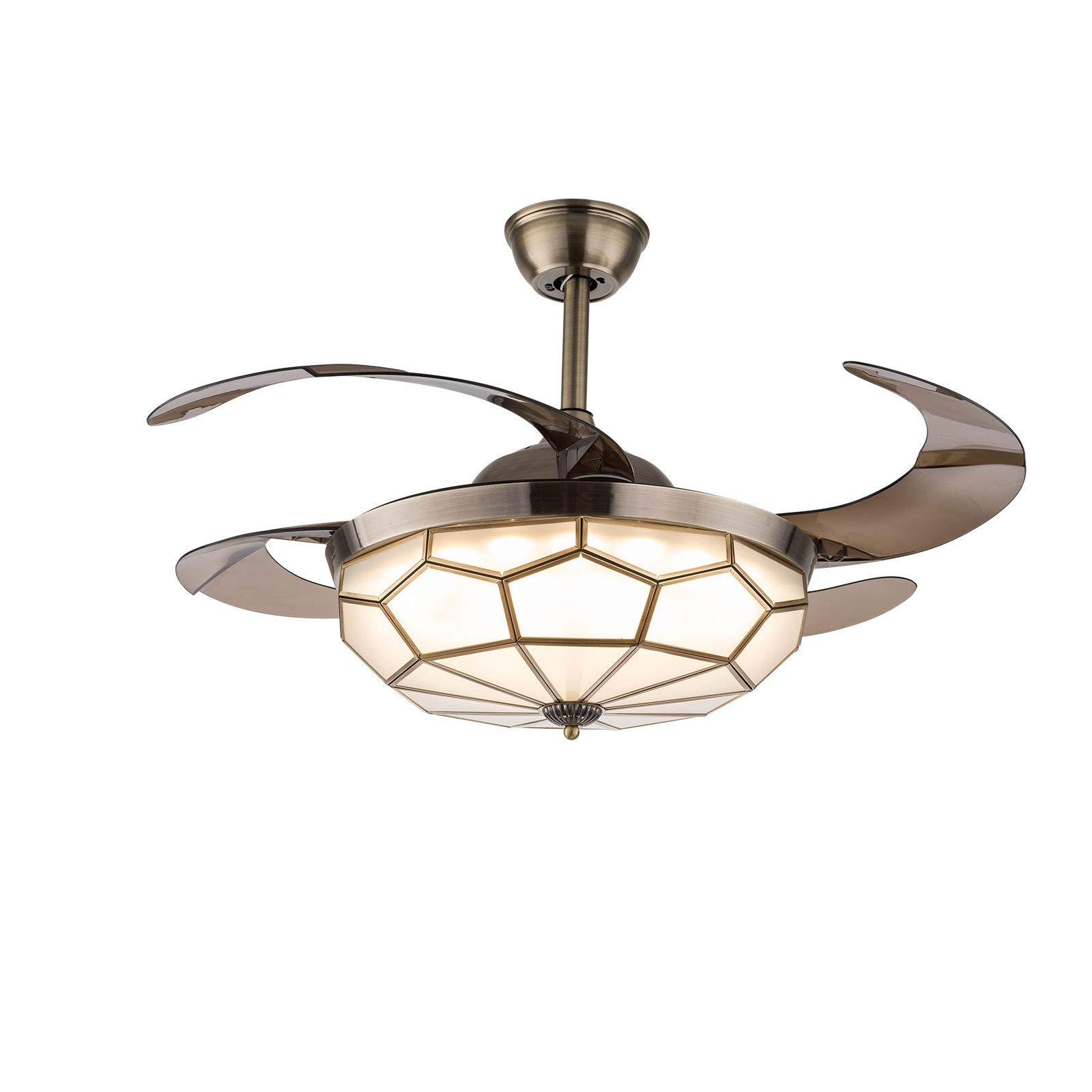 TFCFL 42" Vintage Retractable Ceiling Fan Light, Tiffany Style Chandelier Fan with Remote Control 3-Color Lighting 3-Speed for Bedroom Living Room (Gold)