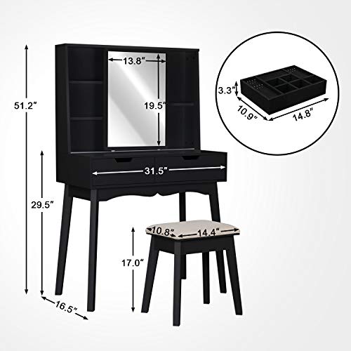 LYNSLIM Vanity Desk, Makeup Vanity with Mirror & LED Lights,Makeup Vanity Table with 2 Drawers & 4 Storage,Small Vanity Set Storage Stool for Dressing Bedroom (Black, Big)