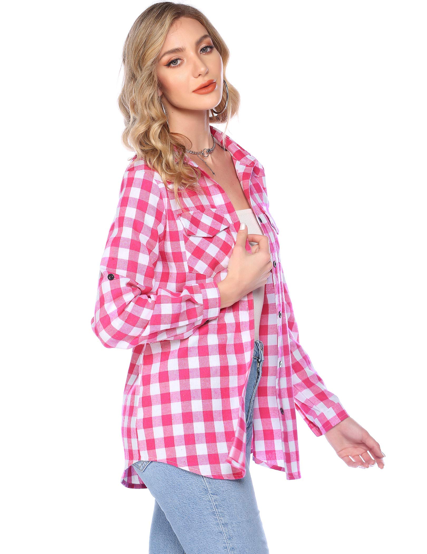 HOTOUCH Flannel Shirt for Women Long Sleeve Mid-Long Shirts with Pockets