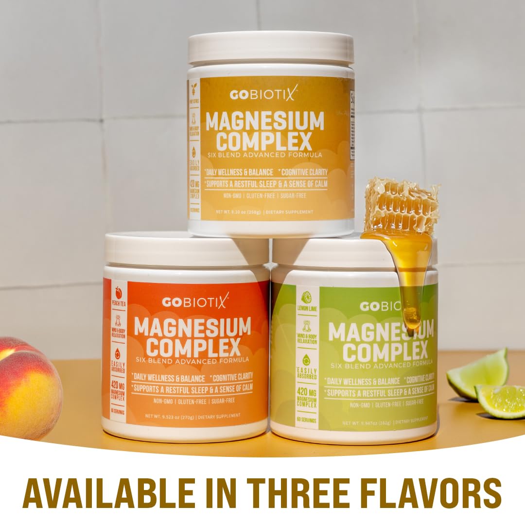 GoBiotix Magnesium Glycinate Powder - Magnesium Complex Supplement with Citrate, Malate, and Glutamine Chelate - Sugar Free, Non GMO - 420 mg per Serving - 60 Servings per Tub - Peach Tea