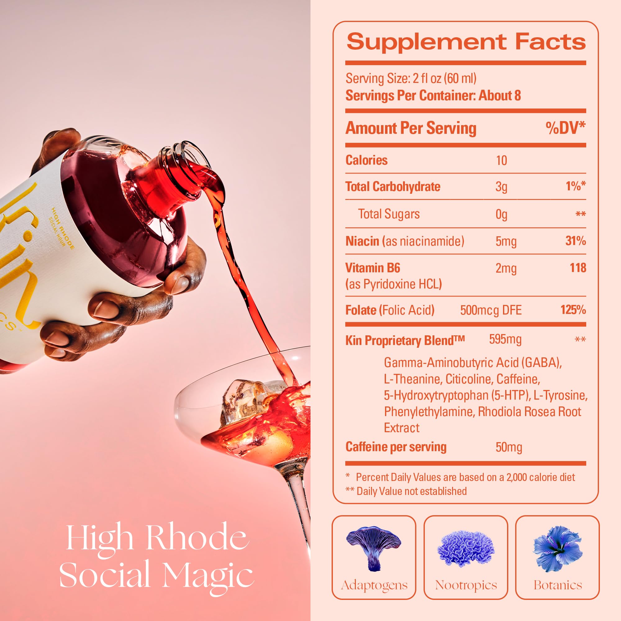 Kin Euphorics High Rhode Non-Alcoholic Aperitif | Elevate Your Social Hour | Adaptogens, Nootropics & Botanicals | Rhodiola Rosea, 5-HTP, GABA | Citrus, Bitters & Spices | 16.9 fl oz