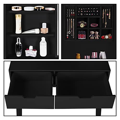 LYNSLIM Vanity Desk, Makeup Vanity with Mirror & LED Lights,Makeup Vanity Table with 2 Drawers & 4 Storage,Small Vanity Set Storage Stool for Dressing Bedroom (Black, Big)