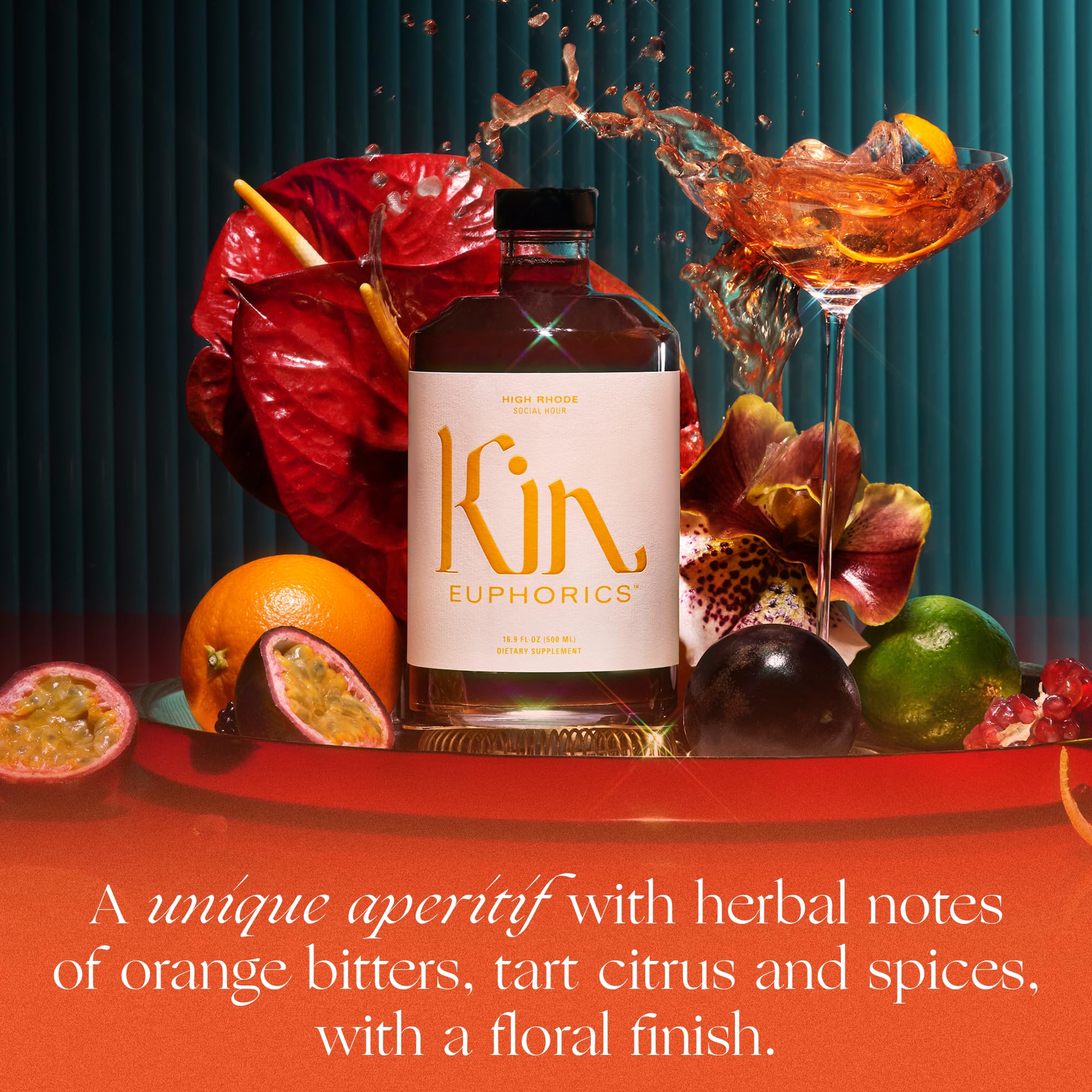 Kin Euphorics High Rhode Non-Alcoholic Aperitif | Elevate Your Social Hour | Adaptogens, Nootropics & Botanicals | Rhodiola Rosea, 5-HTP, GABA | Citrus, Bitters & Spices | 16.9 fl oz