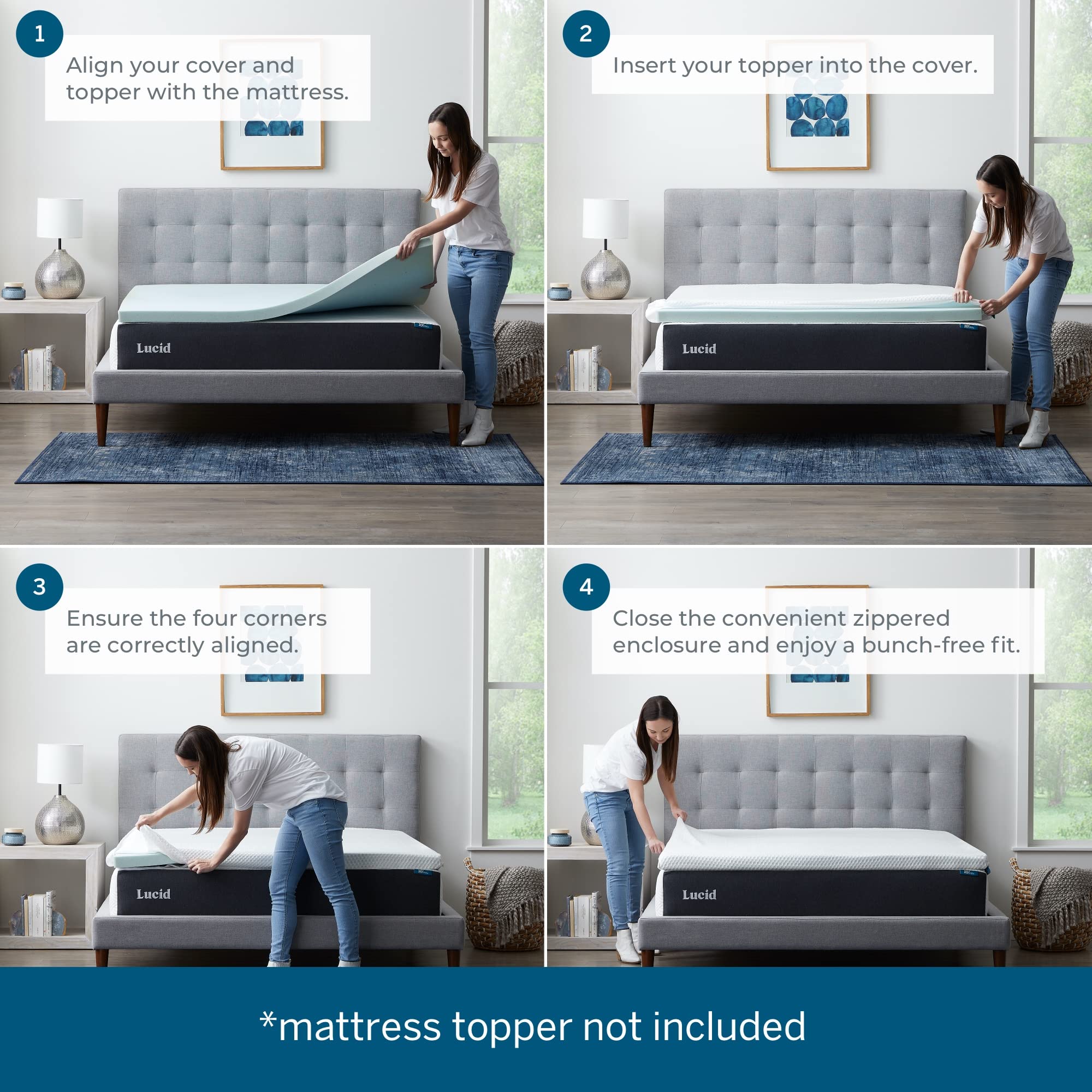 Lucid 3 Inch Mattress – Mattress Topper Cover with Zipper – Twin Cover Only,White, Queen