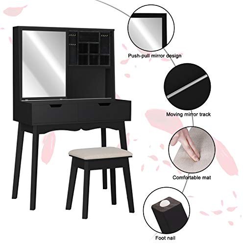 LYNSLIM Vanity Desk, Makeup Vanity with Mirror & LED Lights,Makeup Vanity Table with 2 Drawers & 4 Storage,Small Vanity Set Storage Stool for Dressing Bedroom (Black, Big)