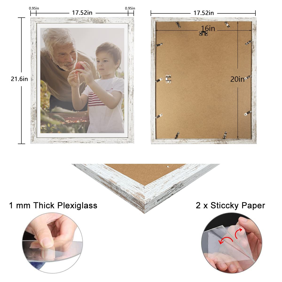 Capcillin 16x20 Picture Frame Wood Pattern Distressed White Poster Frame Set of 2, Wall Mounting,Plexiglass,Great for Prints, Mural,and Art(CP001-MD16x20RW)