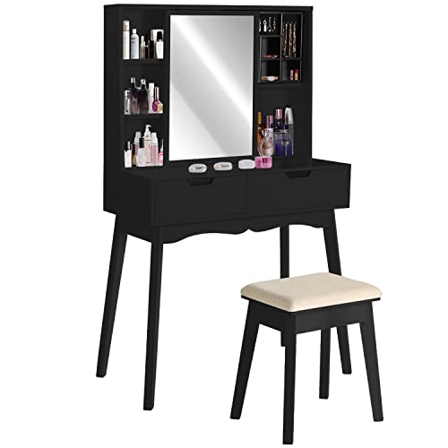 LYNSLIM Vanity Desk, Makeup Vanity with Mirror & LED Lights,Makeup Vanity Table with 2 Drawers & 4 Storage,Small Vanity Set Storage Stool for Dressing Bedroom (Black, Big)