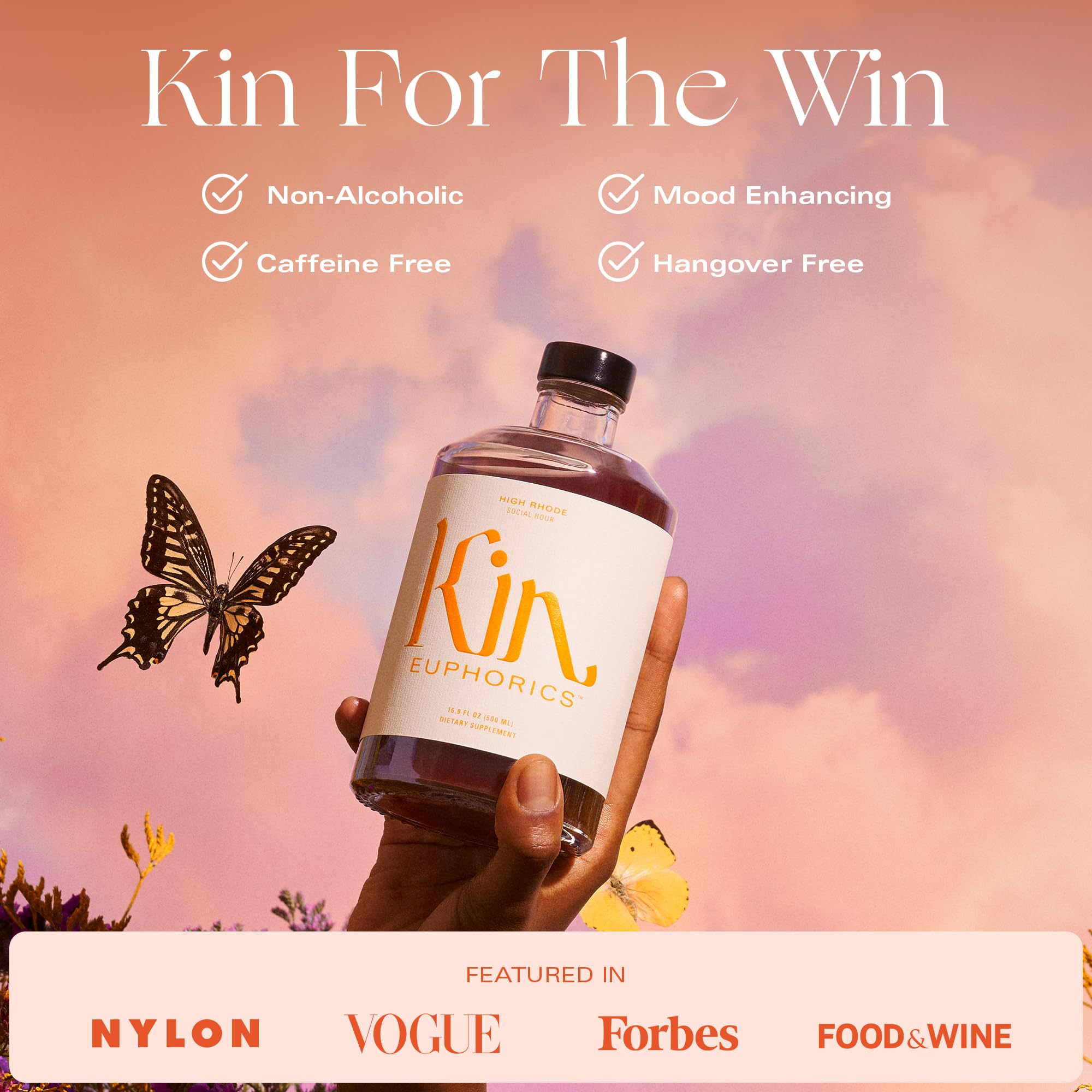 Kin Euphorics High Rhode Non-Alcoholic Aperitif | Elevate Your Social Hour | Adaptogens, Nootropics & Botanicals | Rhodiola Rosea, 5-HTP, GABA | Citrus, Bitters & Spices | 16.9 fl oz