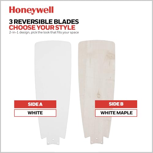 Honeywell Ceiling Fans Barcadero Modern 44 Inch Ceiling Fan with Light, Pull Chain LED Indoor Fan with 3 Blades, White Maple and White Blade Finish Options, Bright White (51475-01)