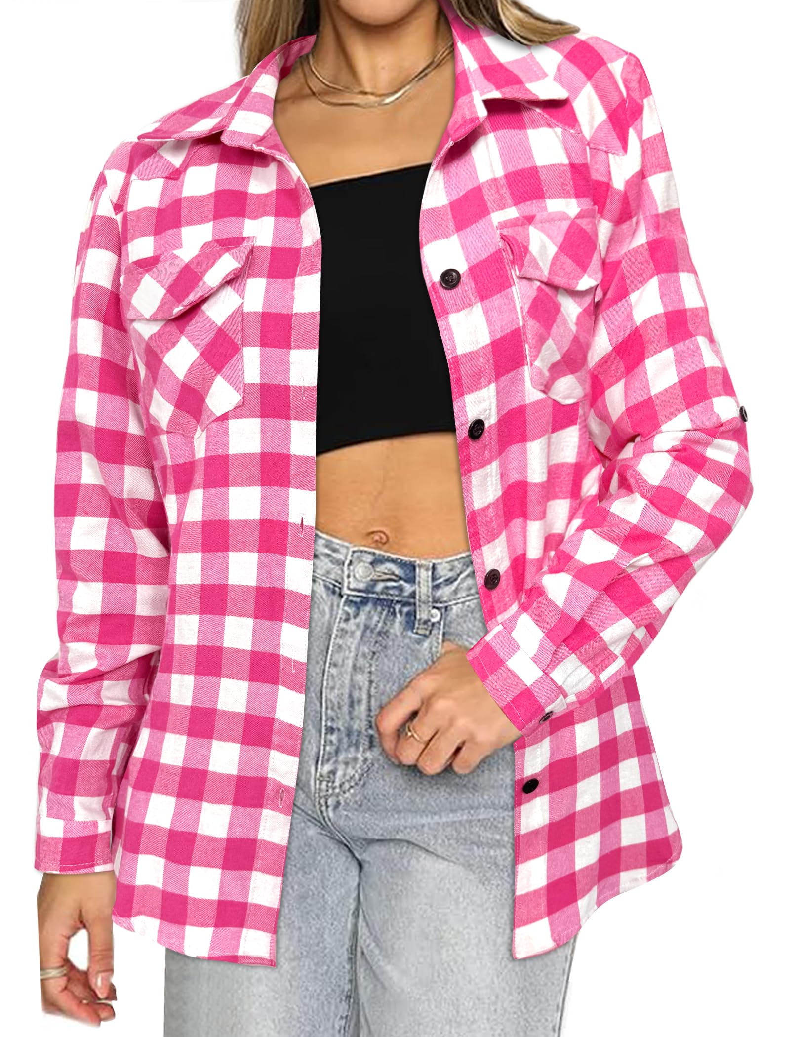 HOTOUCH Flannel Shirt for Women Long Sleeve Mid-Long Shirts with Pockets