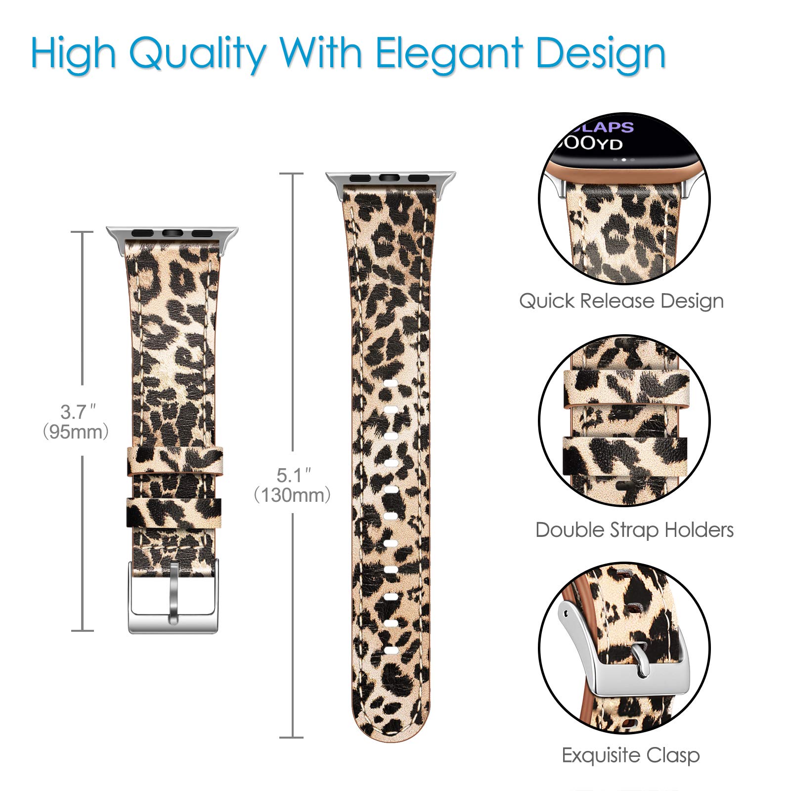 Fintie Bands Compatible with Apple Watch 49mm 46mm 45mm 44mm 42mm(Series 3 2 1) iWatch Ultra, SE Series 1-10, Genuine Leather Band Replacement Accessories Strap Wristband, Classic Leopard
