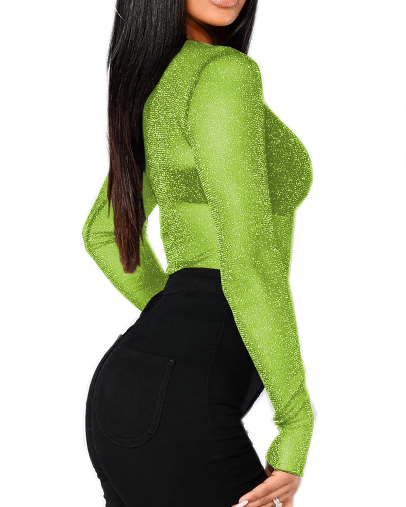 BelleLovin Women's Sheer Mesh Tops Long Sleeve Glitter Sexy Tops See Through Blouses (Neon Green, Small)