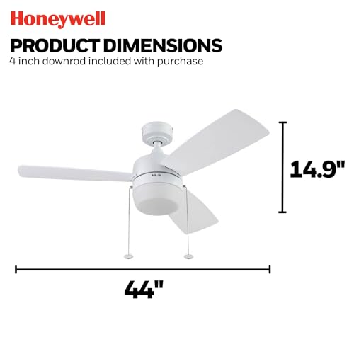 Honeywell Ceiling Fans Barcadero Modern 44 Inch Ceiling Fan with Light, Pull Chain LED Indoor Fan with 3 Blades, White Maple and White Blade Finish Options, Bright White (51475-01)