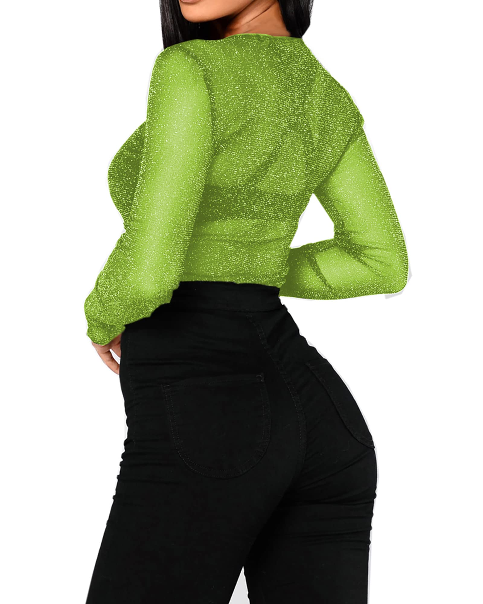 BelleLovin Women's Sheer Mesh Tops Long Sleeve Glitter Sexy Tops See Through Blouses (Neon Green, Small)