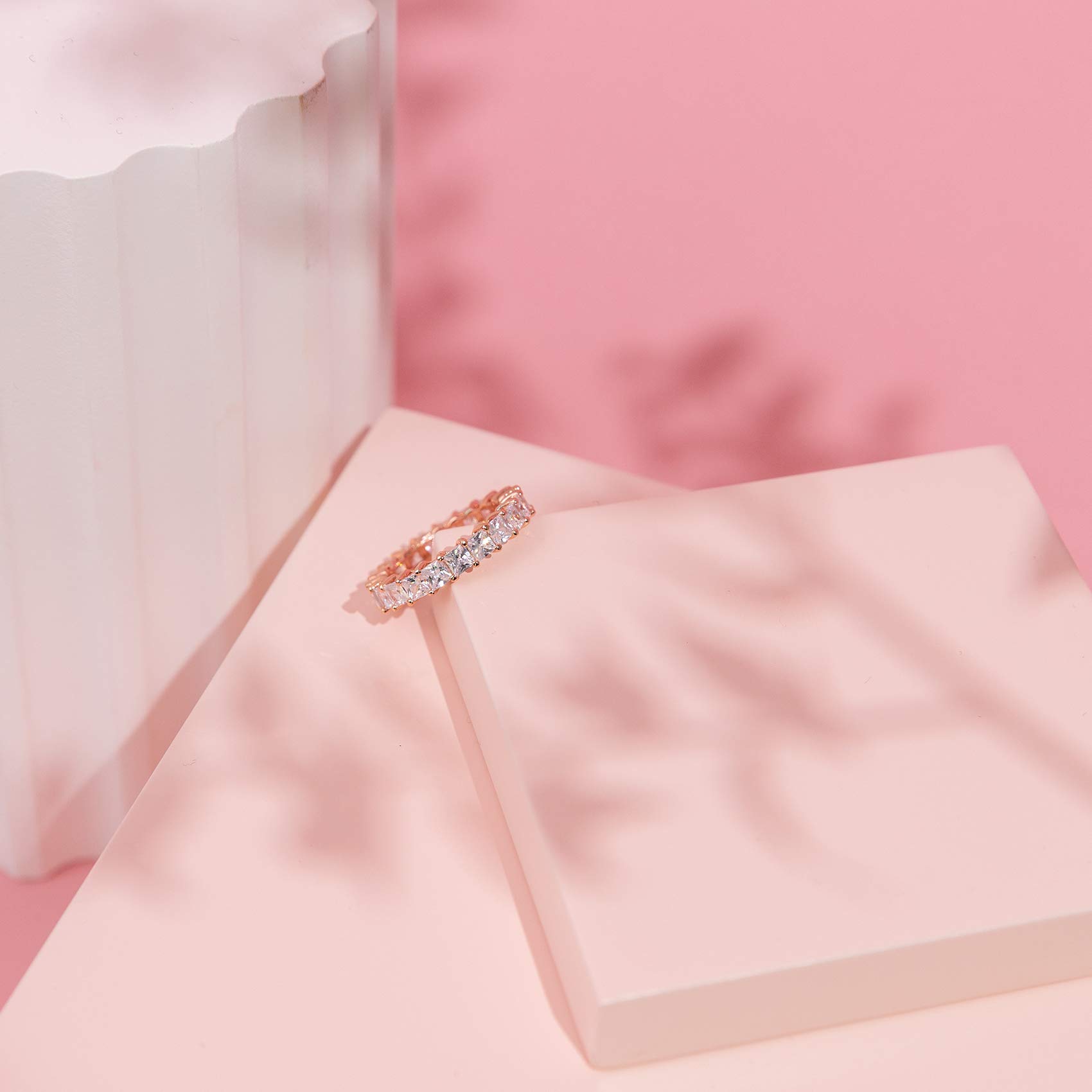 PAVOI 14K Yellow Gold Plated Princess Cut Cubic Zirconia Love Ring - 3mm Stackable Bands for Women - Gold Eternity Rings for Women, Size 6
