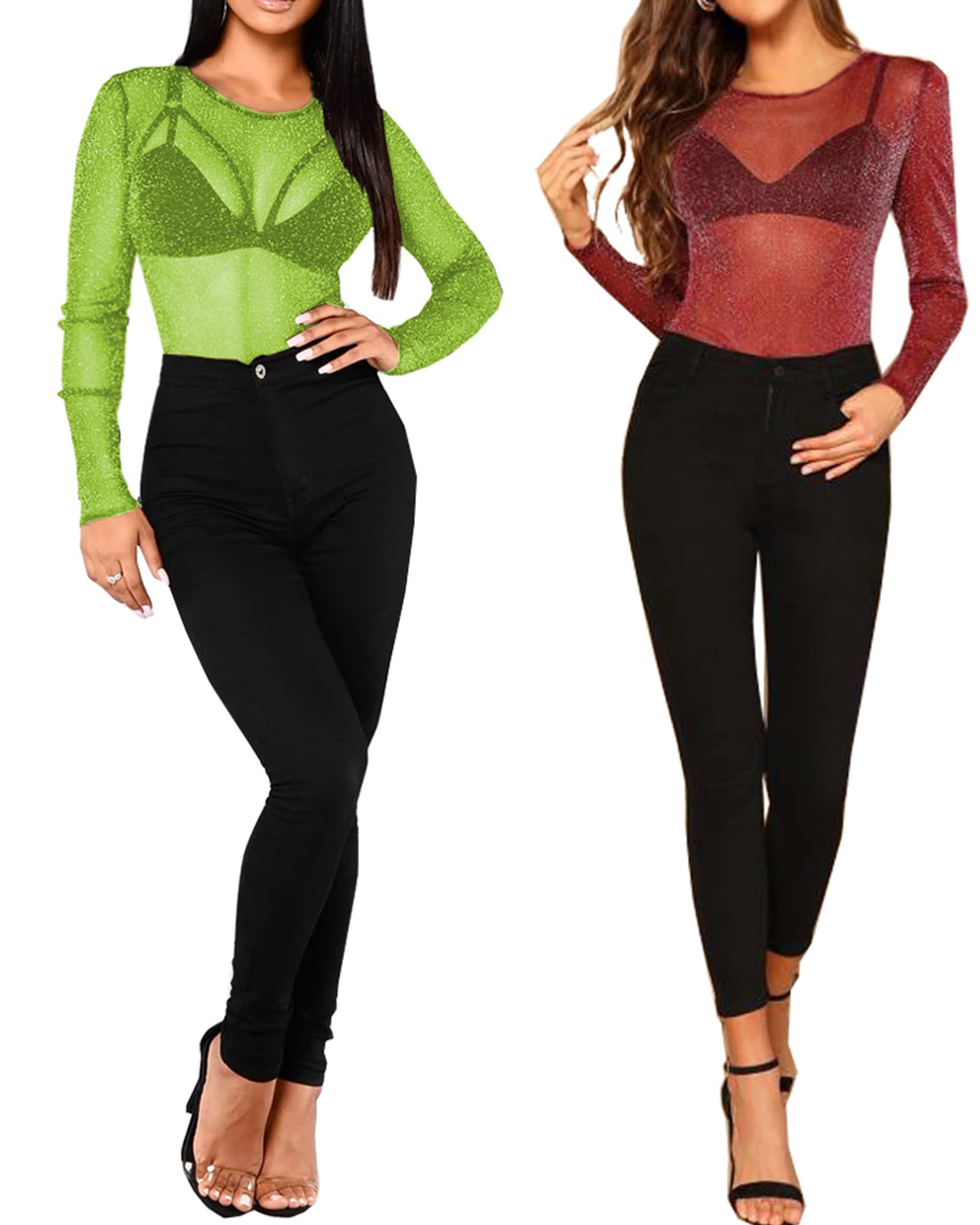 BelleLovin Women's Sheer Mesh Tops Long Sleeve Glitter Sexy Tops See Through Blouses (Neon Green, Small)