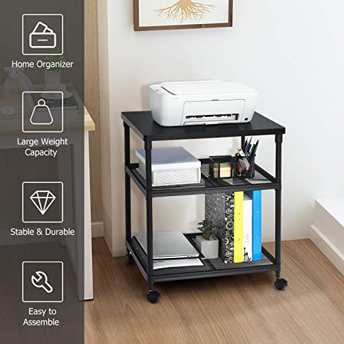 Tangkula 3-Tier Printer Stand Printer Cart, Multifunctional Utility Cart w/ Ample Storage Space, 360° Swivel Rolling & Lockable Wheels, Sturdy Iron Frame, Adjustable Heights, Organizer for Office